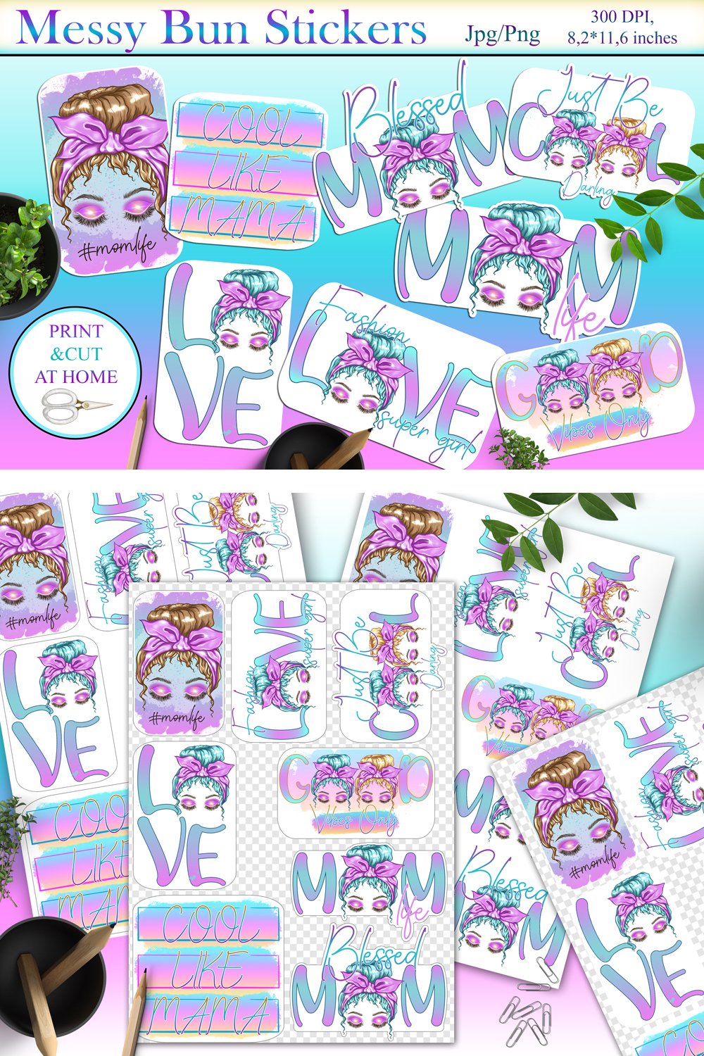 Messy Bun Mom Stickers Bundle PNG |Printable Stickers