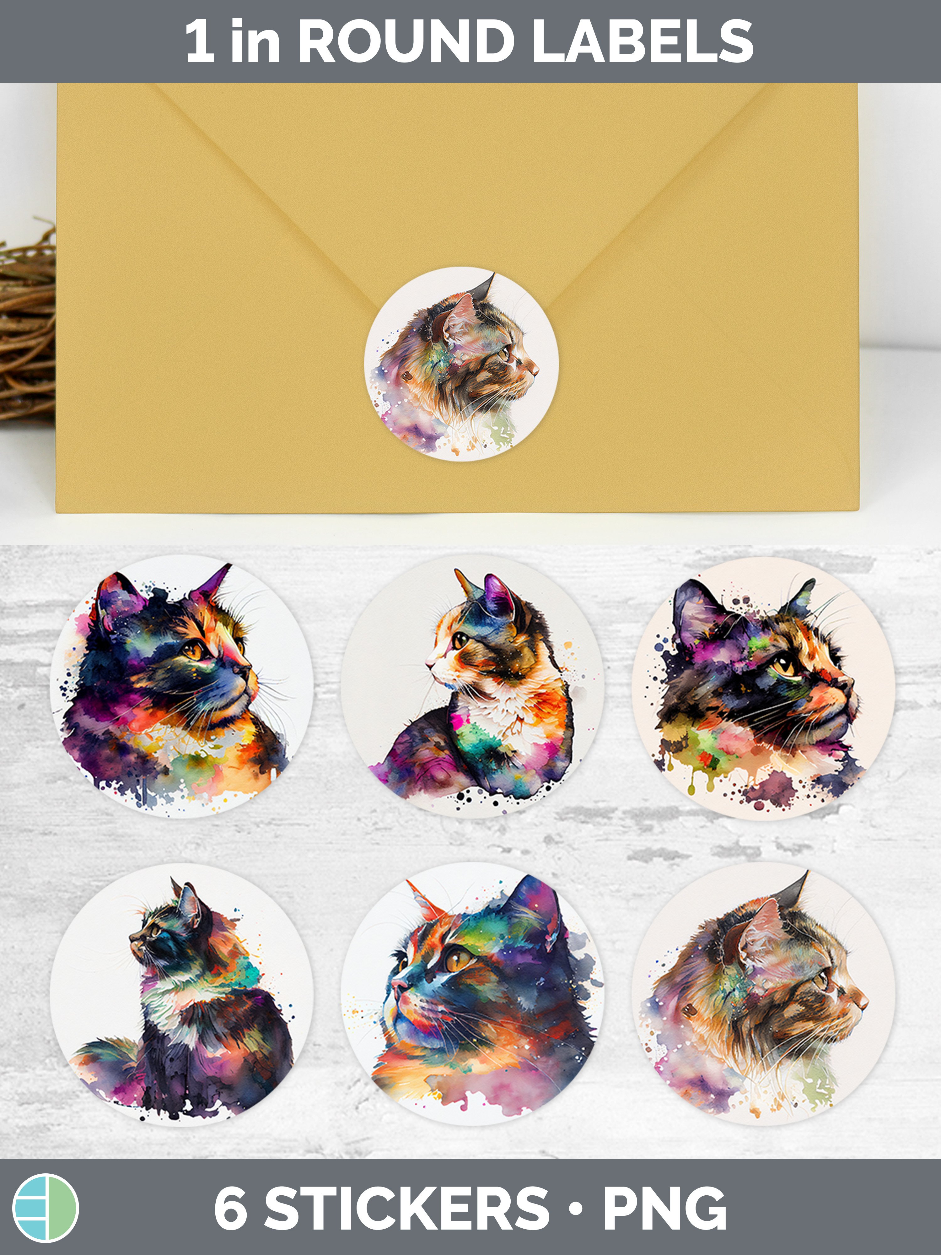 Rainbow Tortoiseshell Cat Stickers | Round Labels Designs Bu