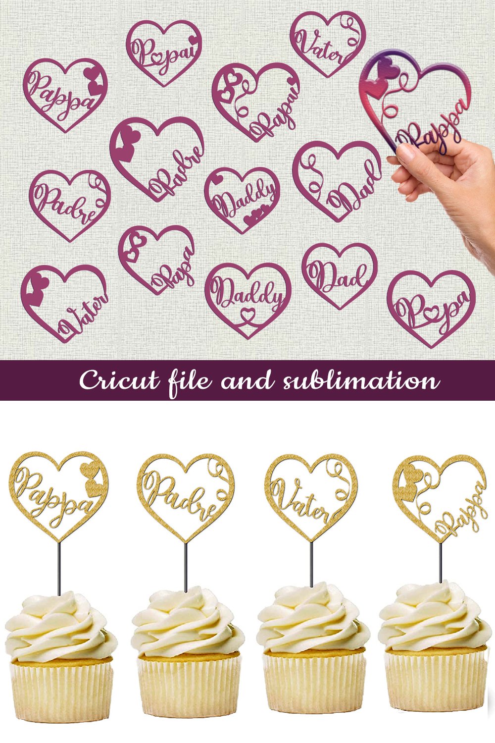 Hearts with the word dad. SVG cutting and sublimation