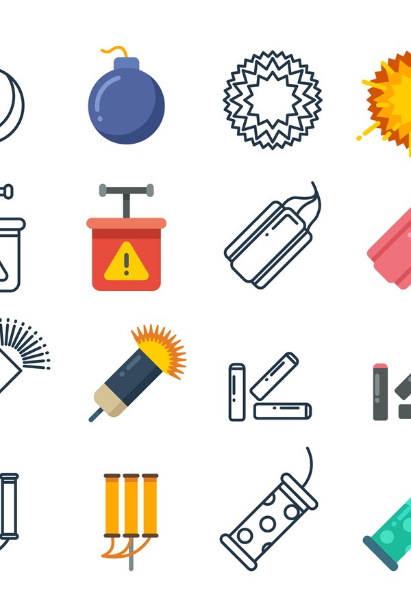 Dynamite, fireworks, pyrotechnic vector icons