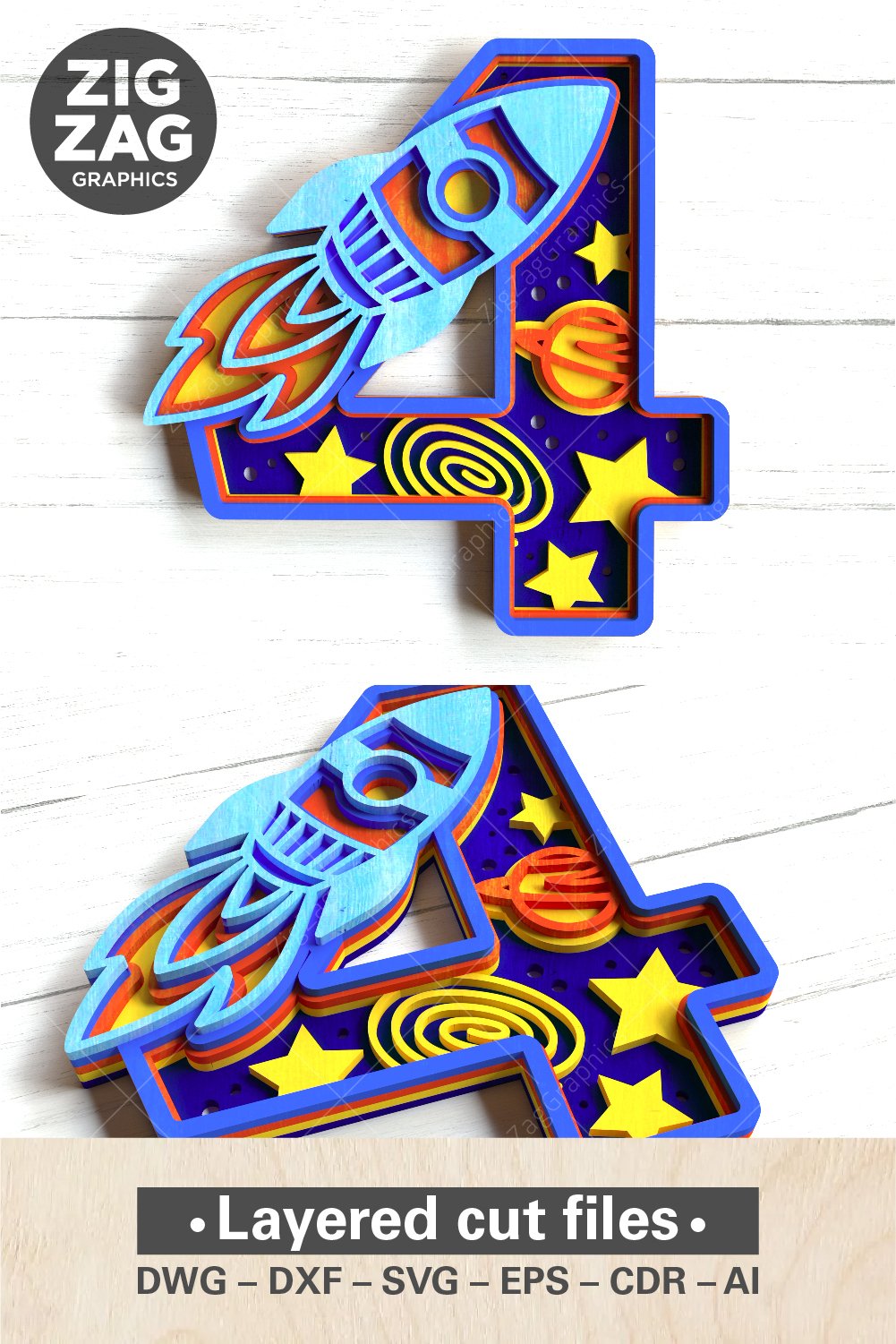 layered kids number 4 with space rocket astronaut and stars