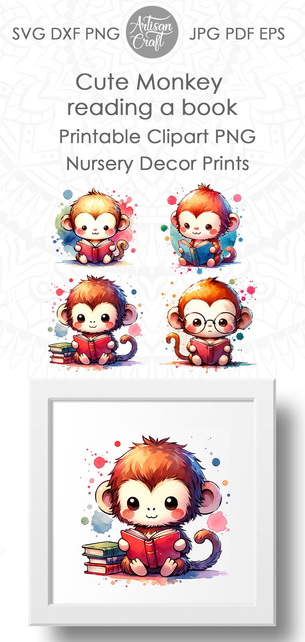 Cute Monkey reading book watercolor clipart bundle