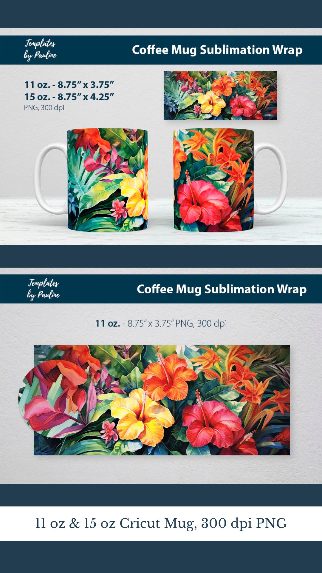 Tropical Flower Coffee Mug Wrap for 11 oz Mug Sublimation