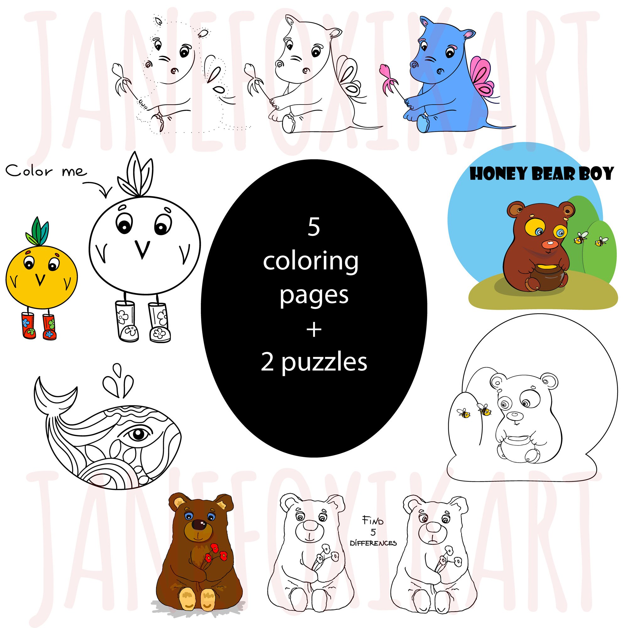 Coloring pages plus puzzles for kids 5 in 1 set (798308)