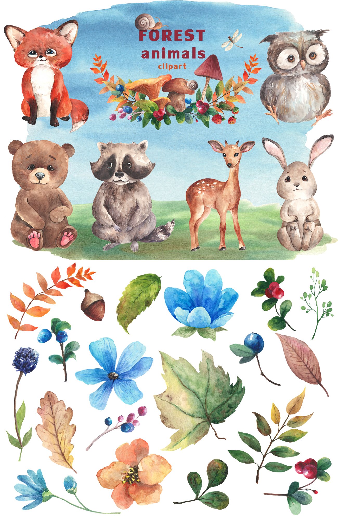 Watercolor Forest Baby Animals Clipart (1467504) | Clipart | Design Bundles