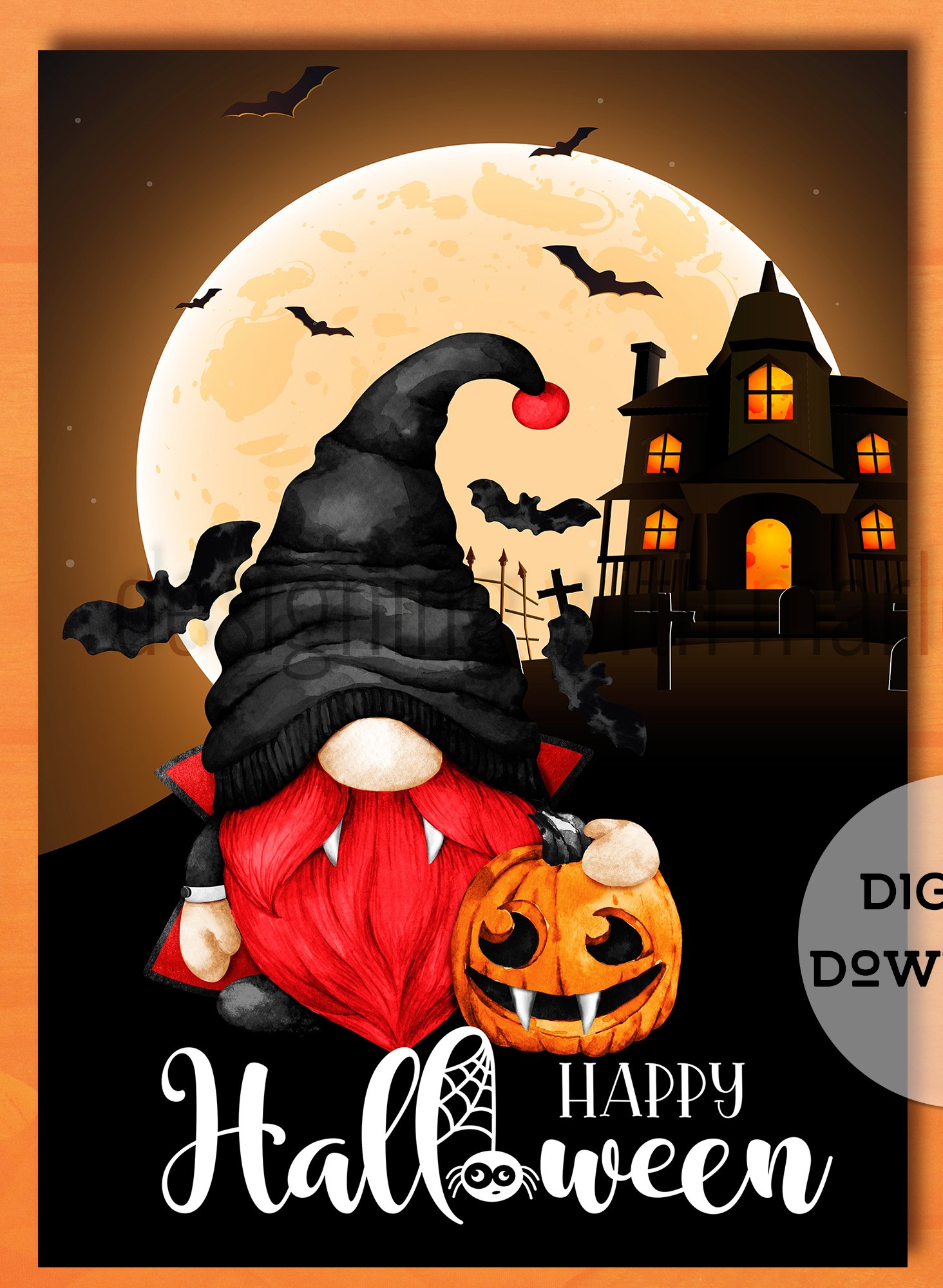 Happy Halloween 5x7 Dracula Gnome Printable Greeting Card