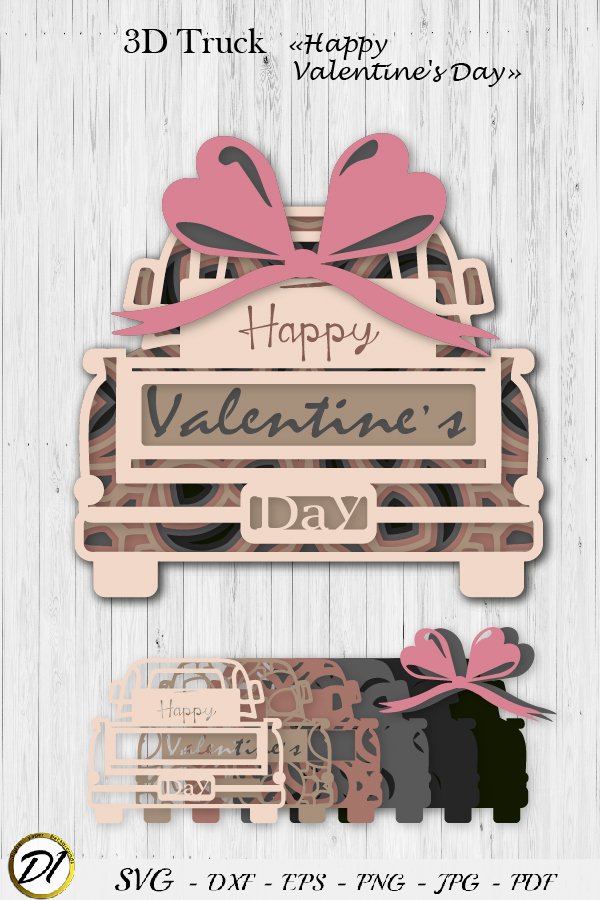 3d Layered valentine truck. 3d truck SVG. Valentine Cut File
