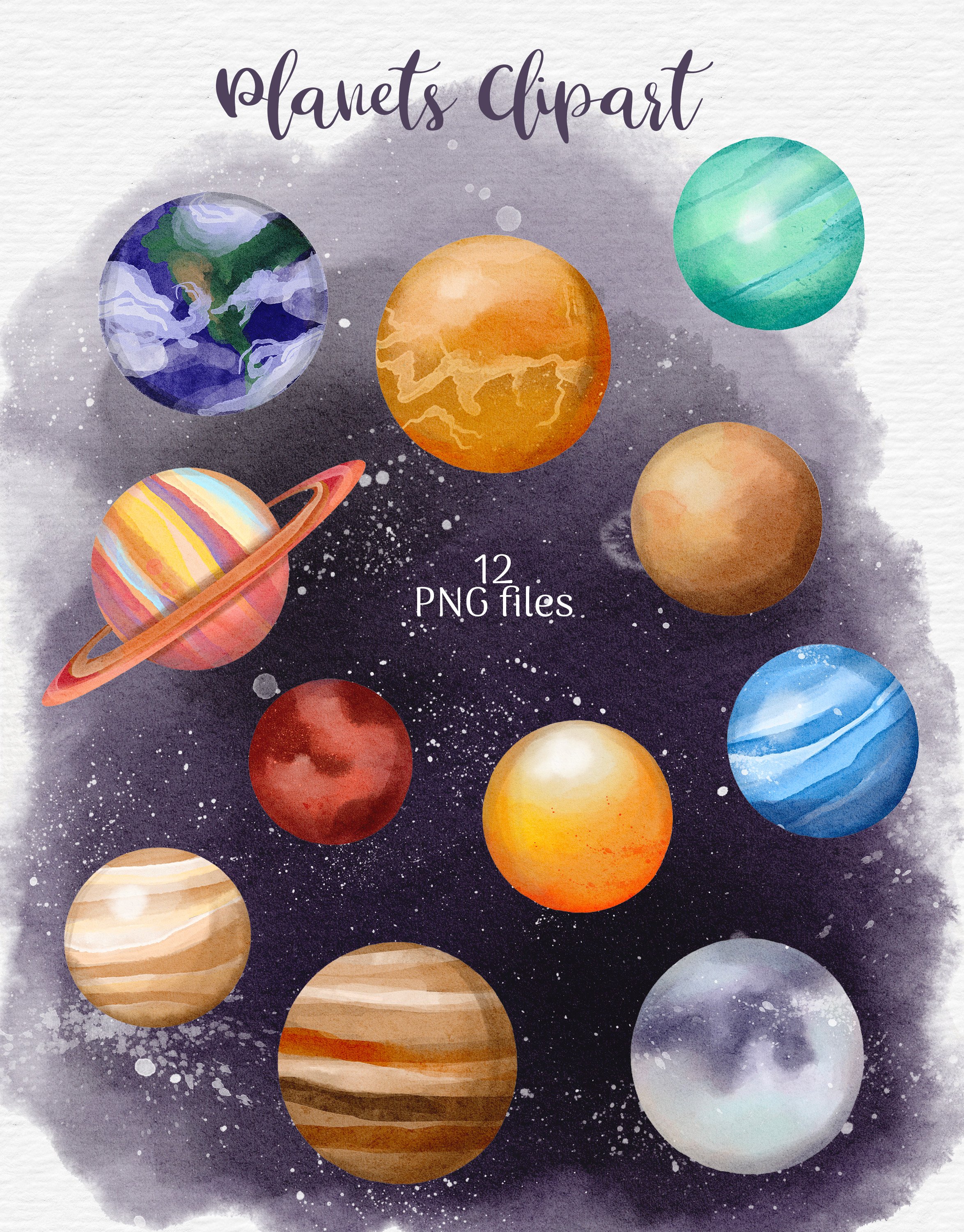 Planets Clipart, Watercolor outer space png, Galaxy graphics