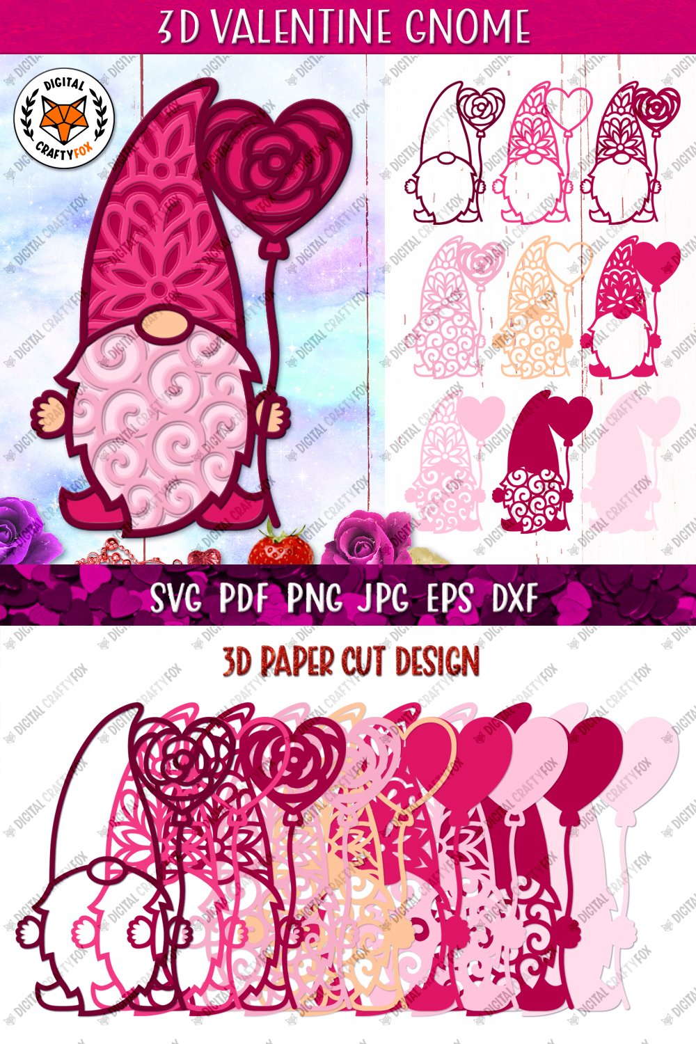 3D Valentine Gnome with Balloon , Valentines Day Paper Cut