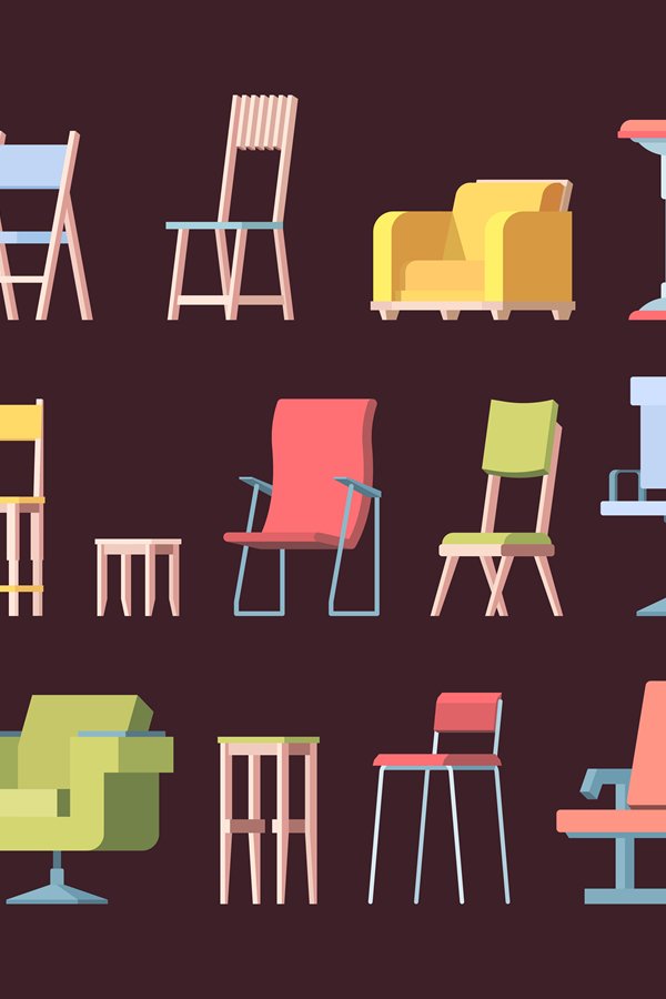 Chairs collection. Front view elegant furniture for home mod