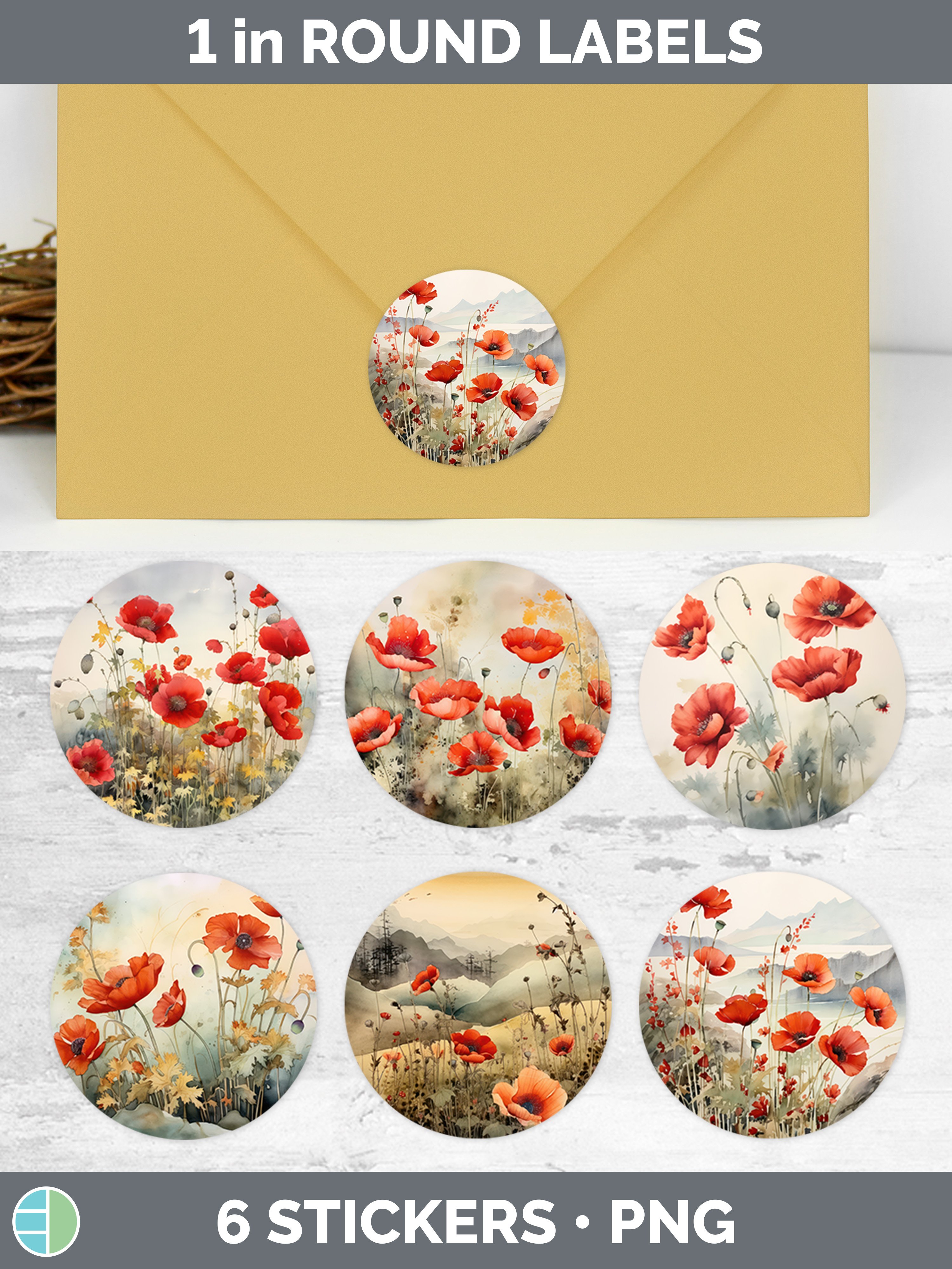 Japanese Watercolor Poppy Flowers Stickers | Round Labels De