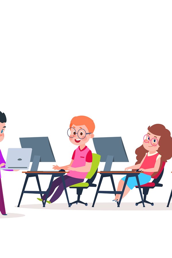 Kids in computer lab. School children coding at computers. C