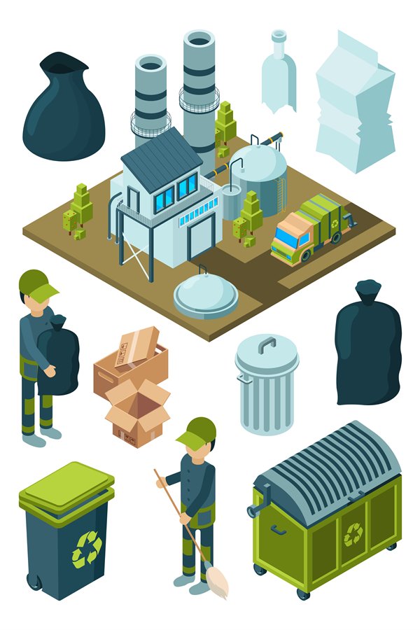 Waste recycle isometric. Refuse garbage facility sort plasti