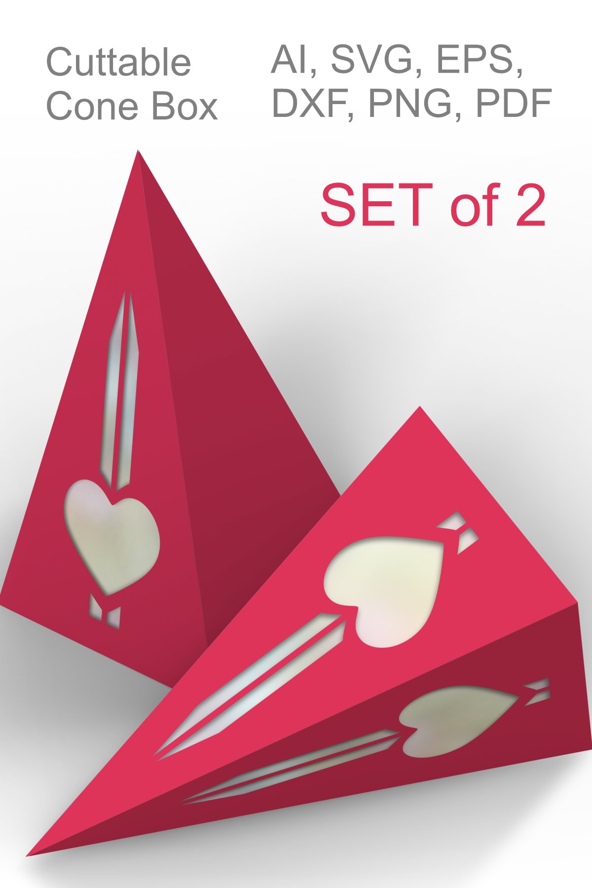 Set of 2 Cuttable Cone Favor Boxes with Stripes n Heart