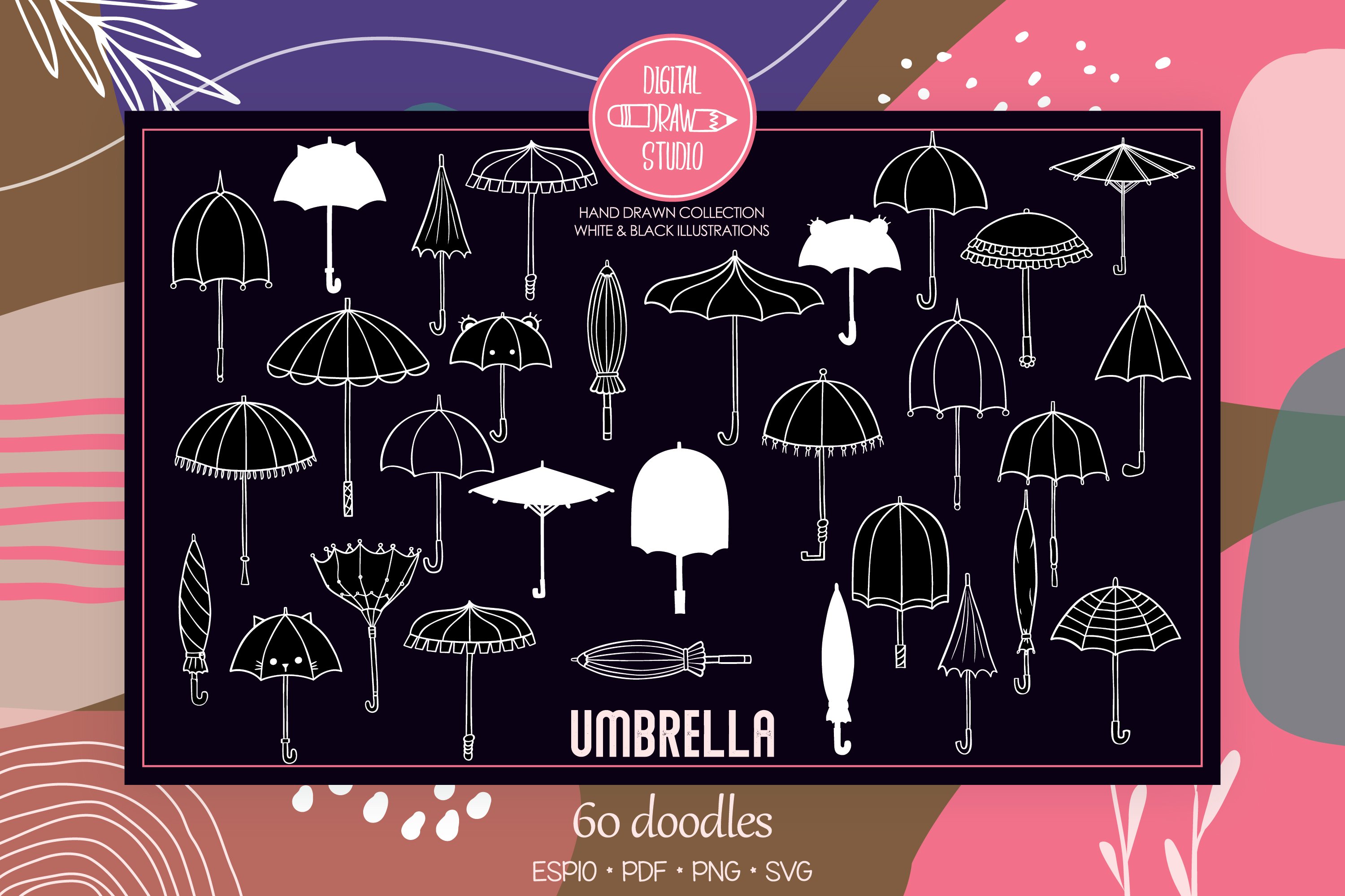White Umbrella | Hand Drawn Vintage Beach Parasol, Rainy Day
