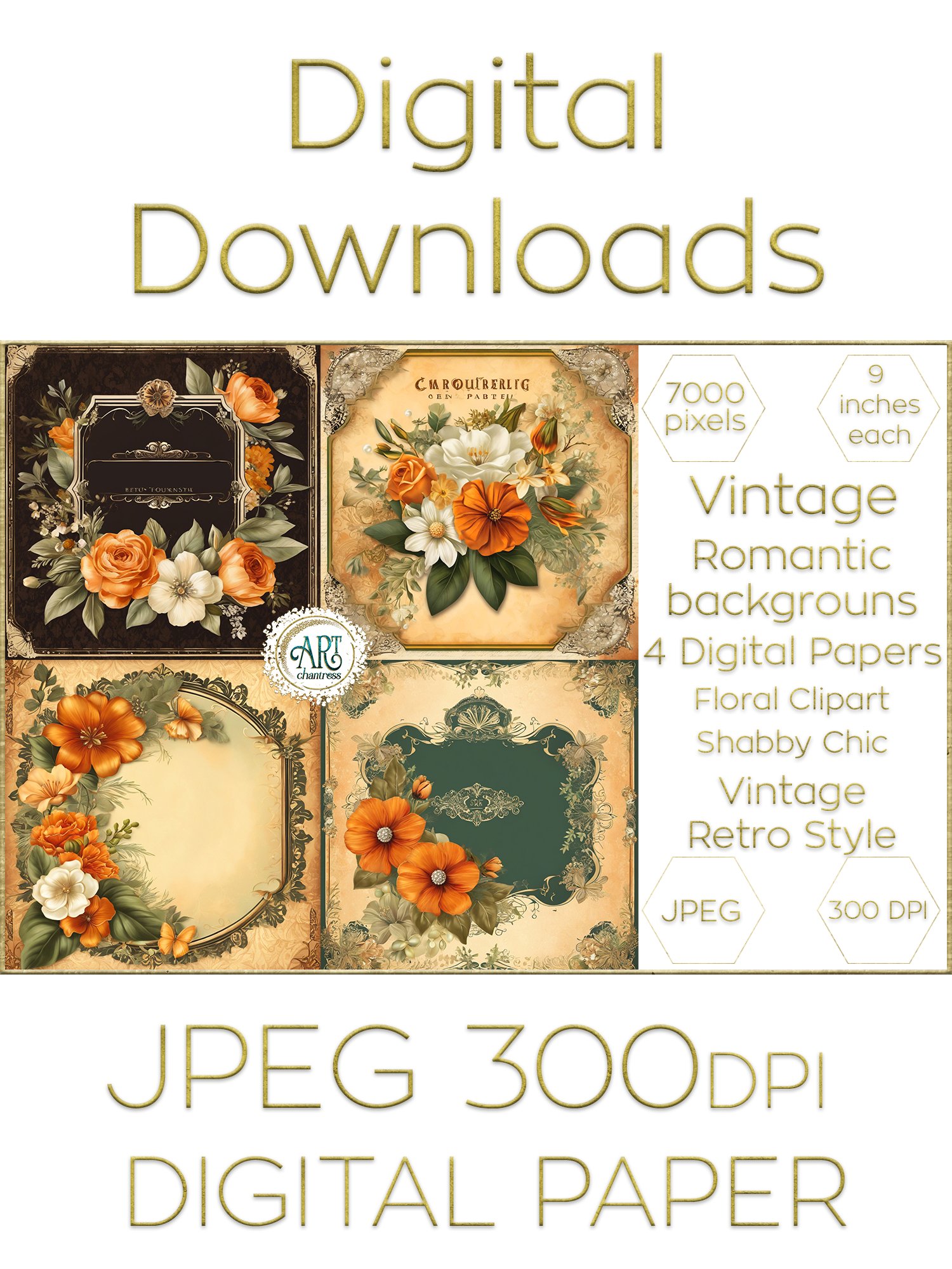 Vintage Floral Orange Old Romantic Digital Paper Bohemian