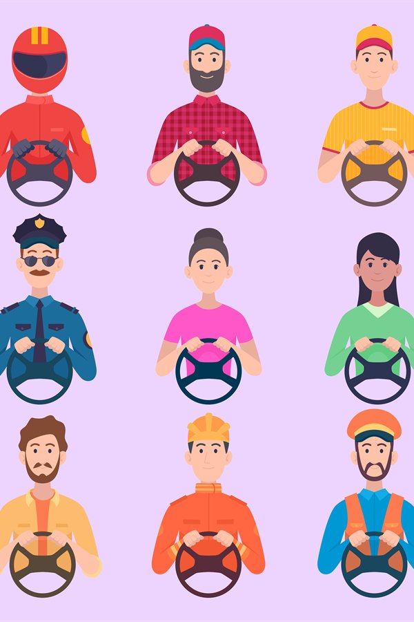 Drivers. Avatars people holding driving wheel racing helmet