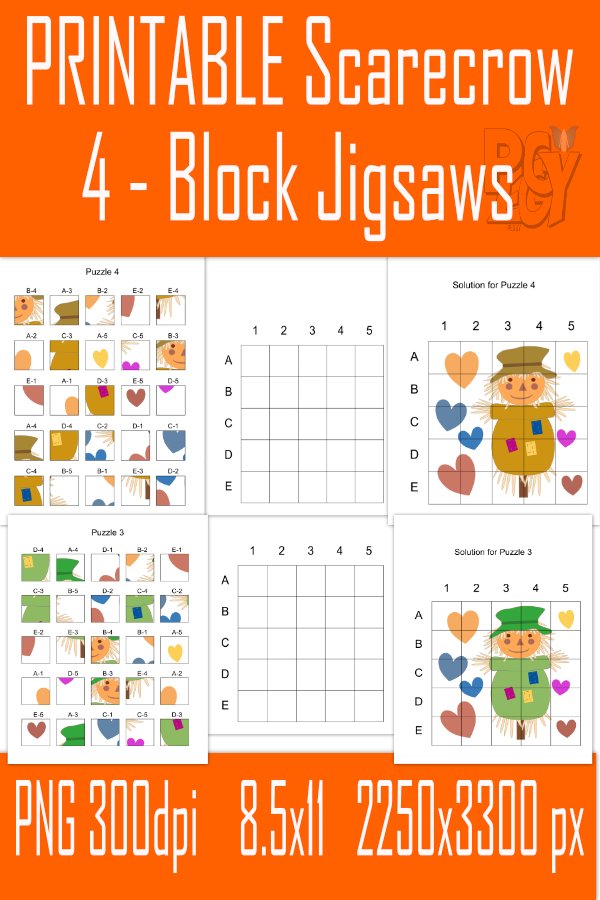 4 Cute Scarecrow Jigsaw Block Square Puzzles Printables