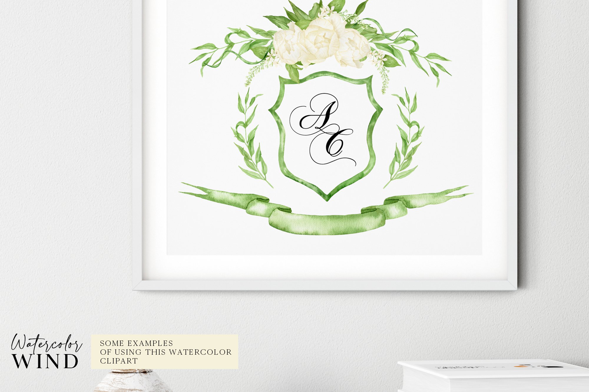 Wedding white peony crest clipart, watercolor floral greener