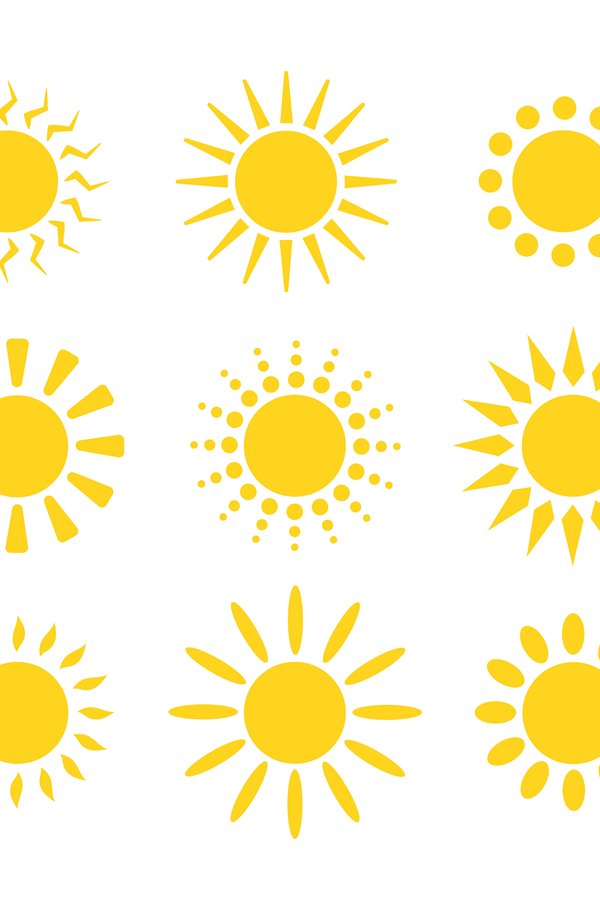 Yellow sun icons. Suns rays, flat sunny weather elements. Su