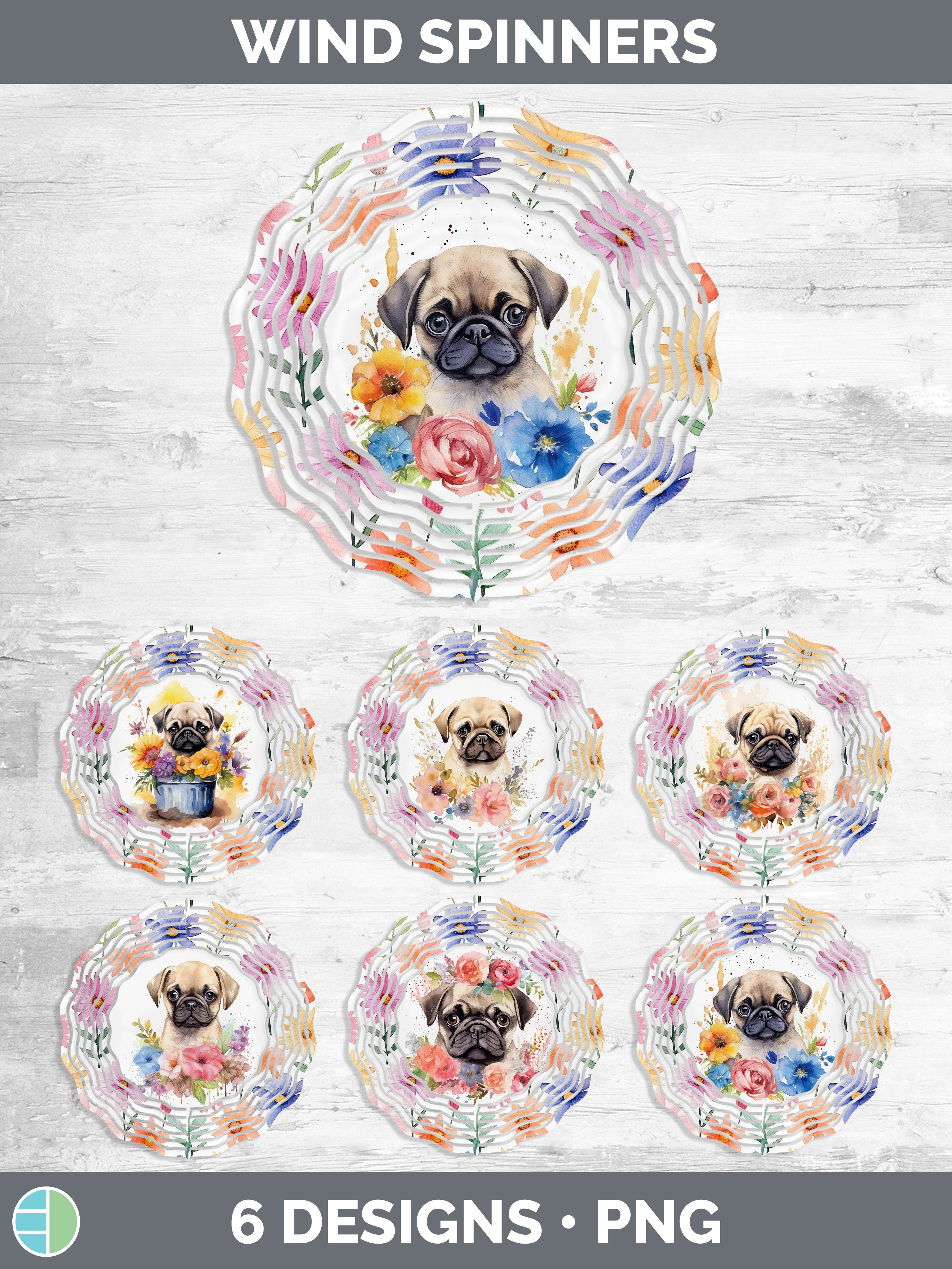 Watercolor Pug Dog Wind Spinner | Sublimation Spinner Design
