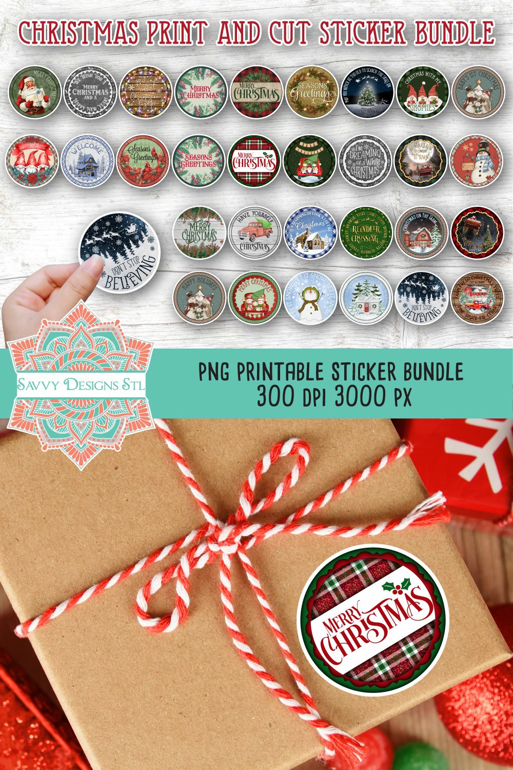 Christmas Round Print and Cut Sticker Bundle, 30 Designs