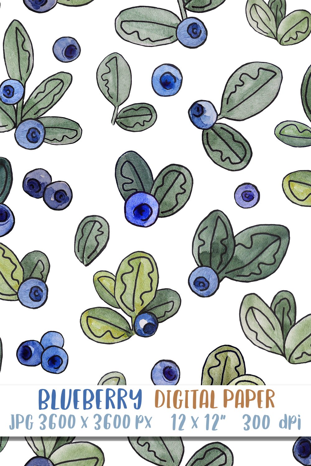 Watercolor blueberry Digital paper Greenery Seamless pattern