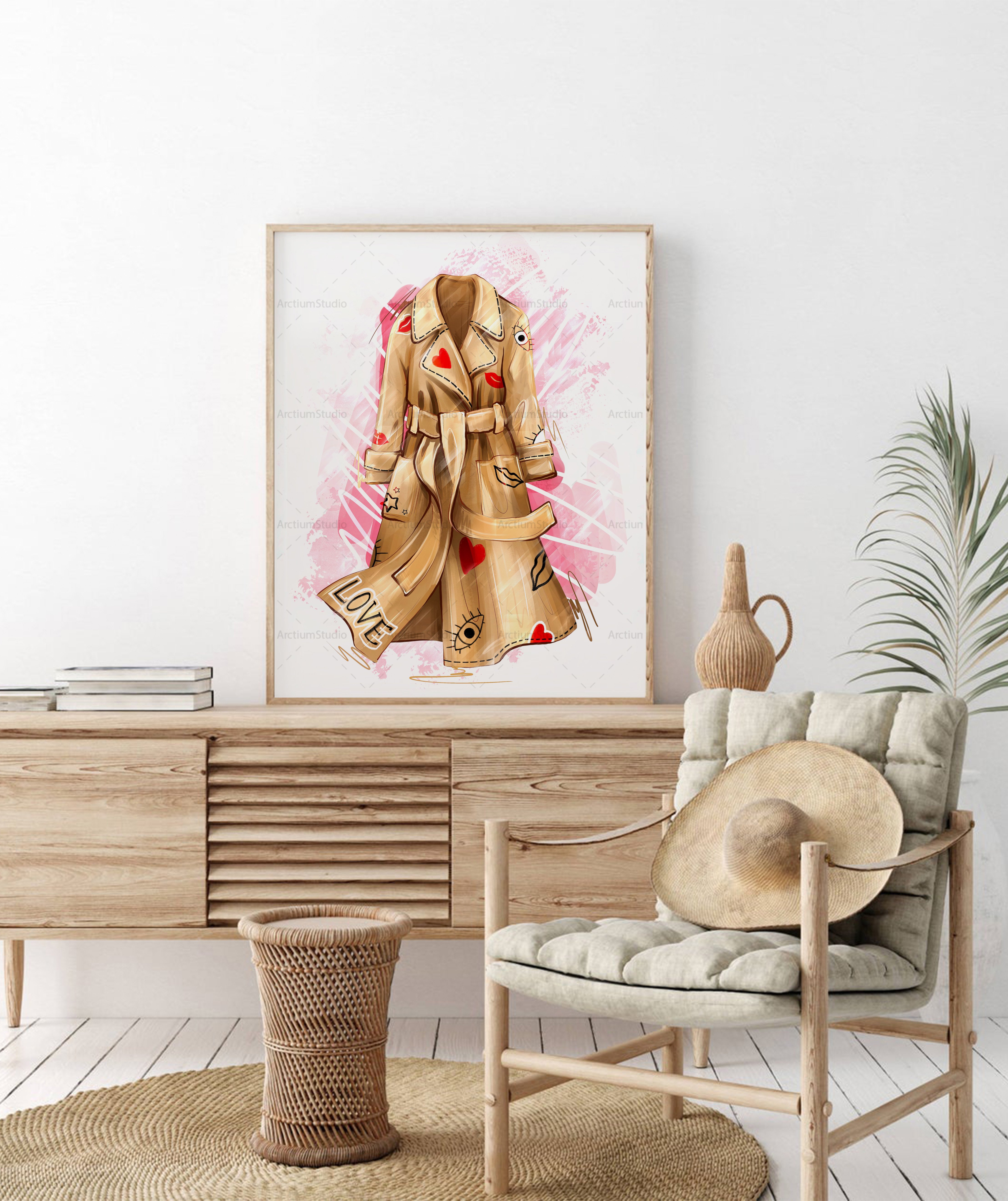 Fashion coat poster, pink coat drawing, raincoat (1197340)