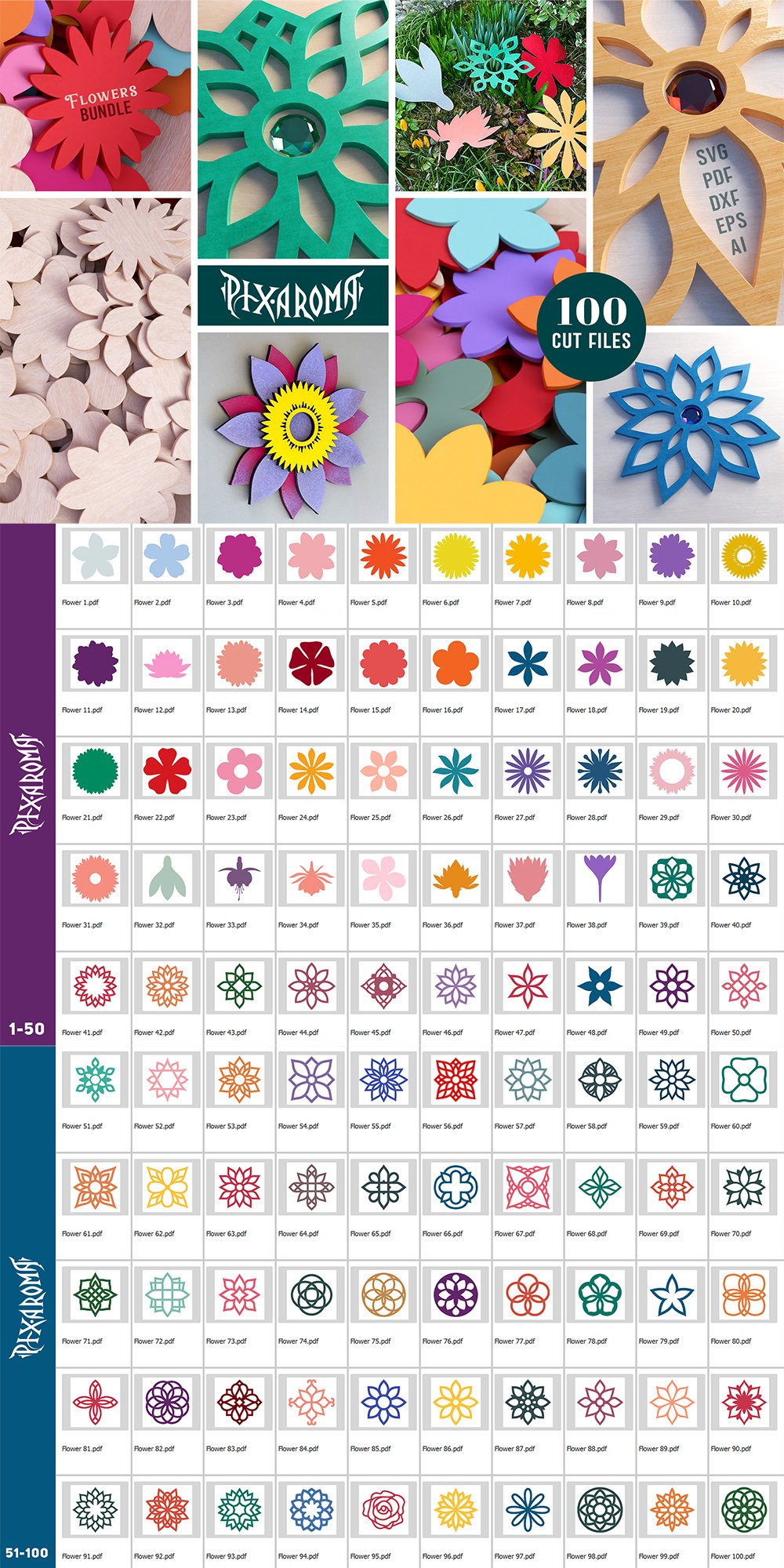 100 Simple Flowers - Floral Shapes Cut Files Bundles
