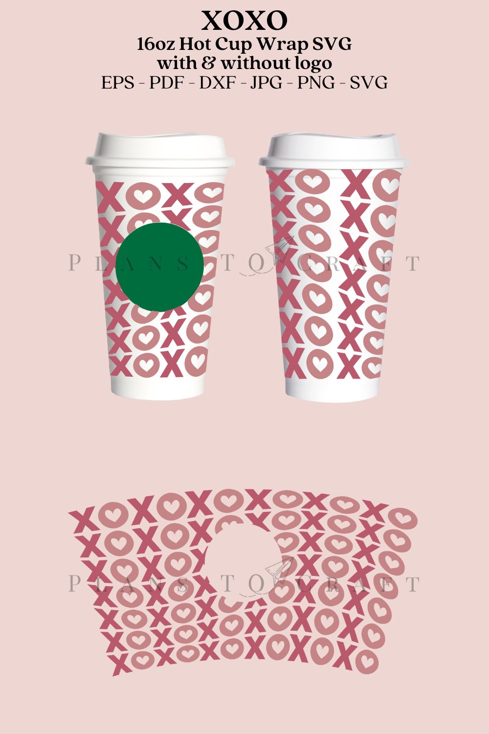 XOXO Valentine Hugs & Kisses 16oz Hot Cup Tumbler Wrap SVG