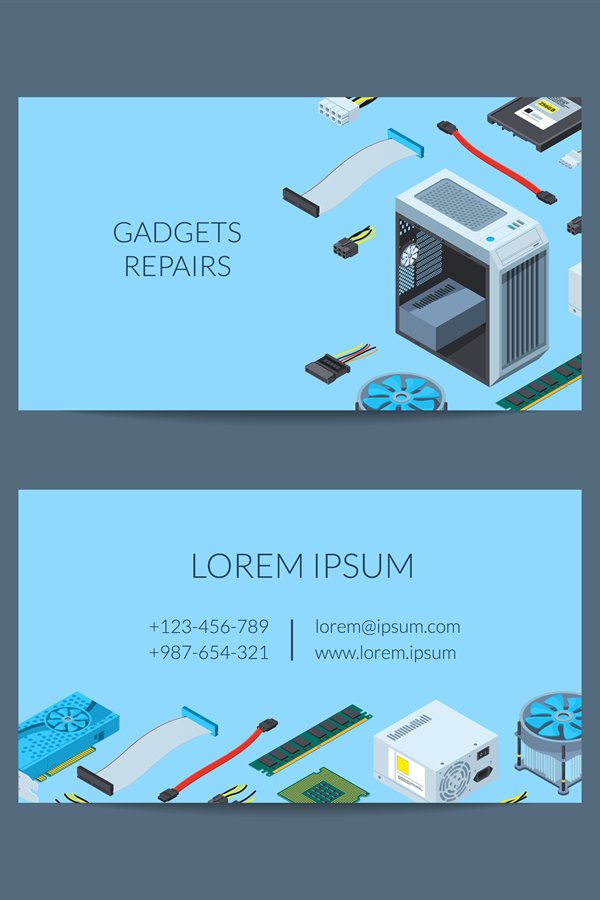 Vector isometric electronic devices business card template