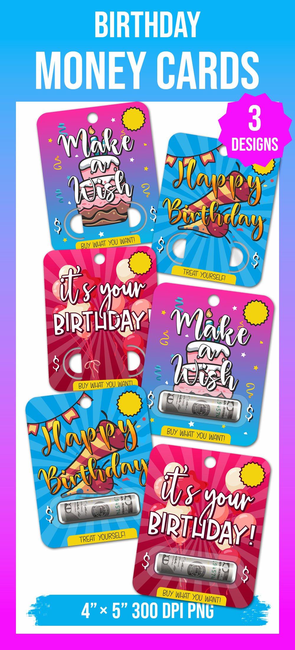 Birthday Money Card Bundle | 3 Money Card PNG Designs