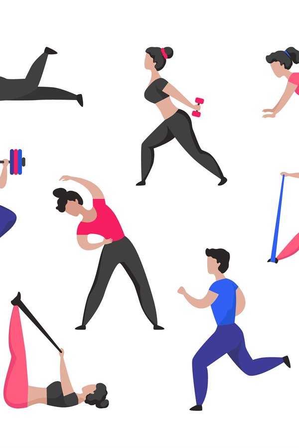 Sport training. Cartoon male and female characters doing spo