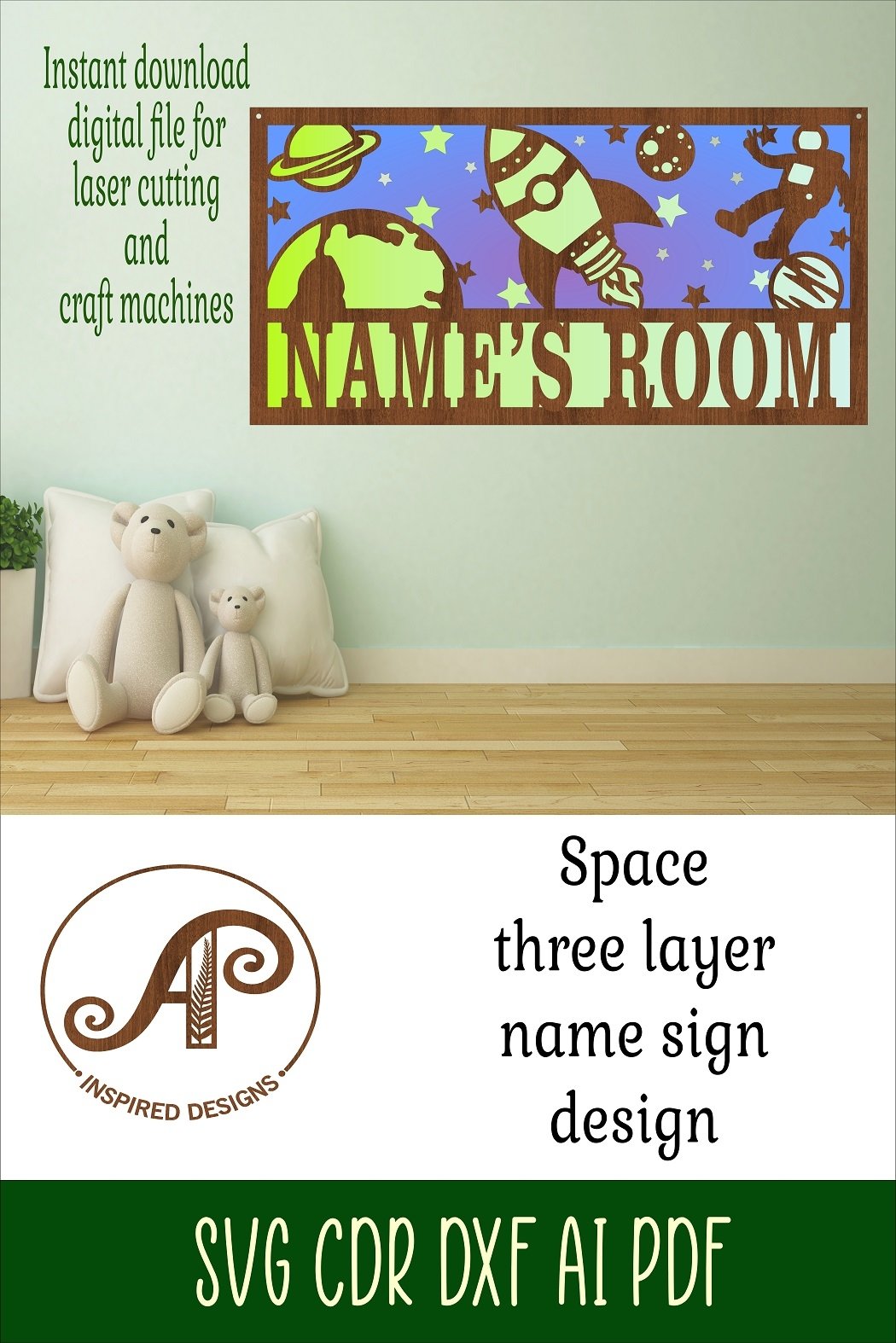 Space scene name sign SVG 3 layer laser cut template
