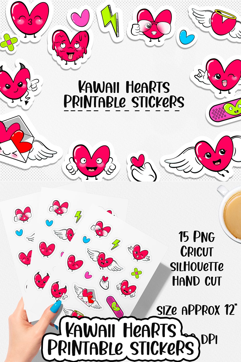 Cute Hearts Kawaii printable stickers. PNG, JPG.