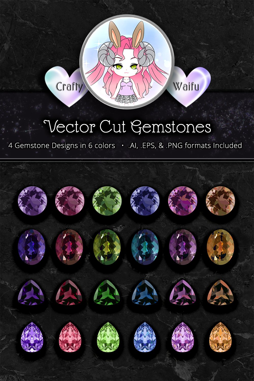 Vector Cut Gemstones - 4 Real Gem Cuts in 6 Jewel Tones