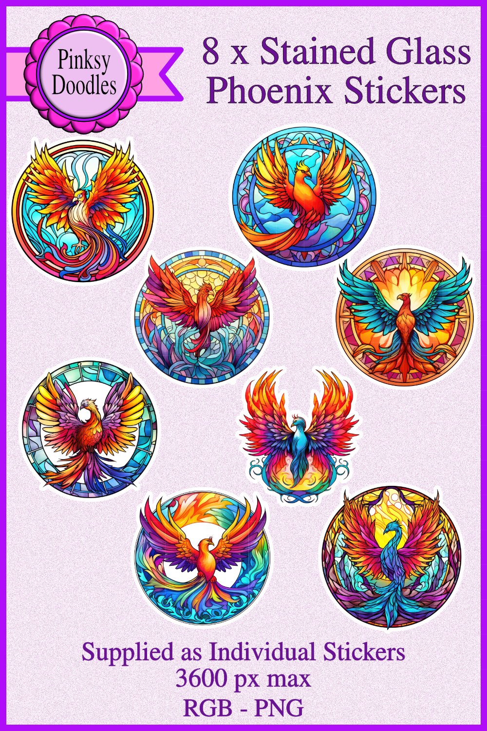 A set of 8 Stained Glass Phoenix printable Sticker png