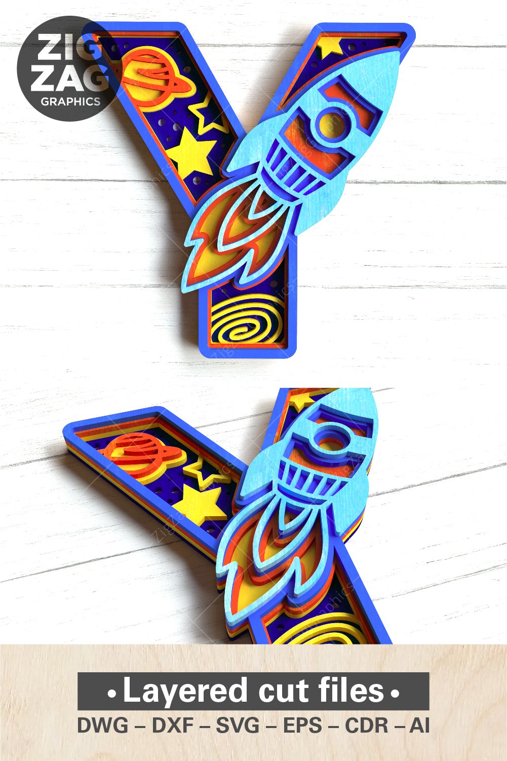layered kids letter Y with space rocket astronaut and stars