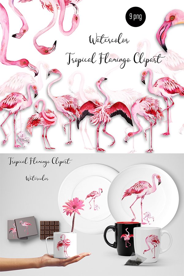 Watercolor tropical Flamingo Clipart (1356007)
