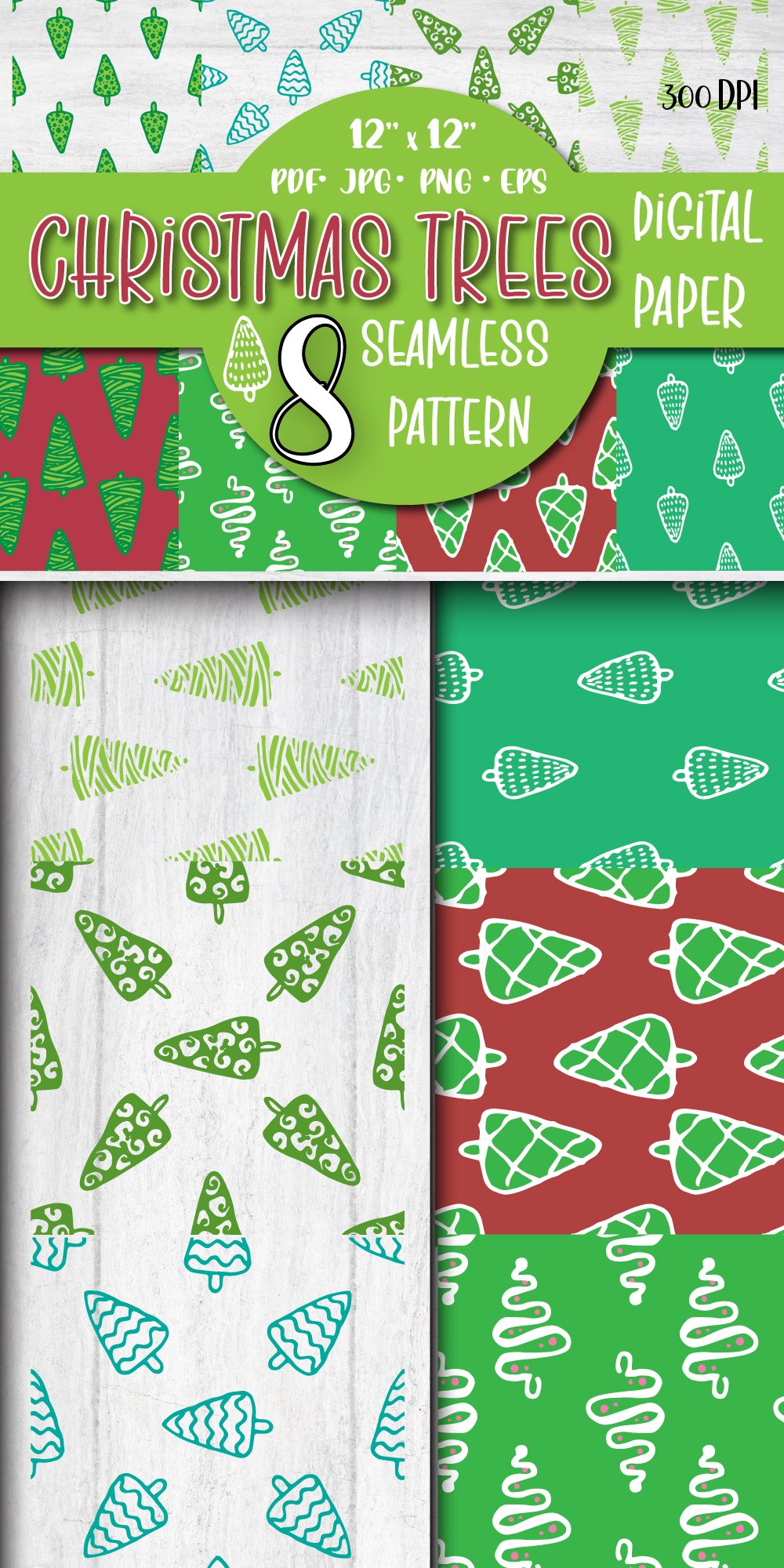 christmas trees Digital paper PNG snowflakes seamless patter
