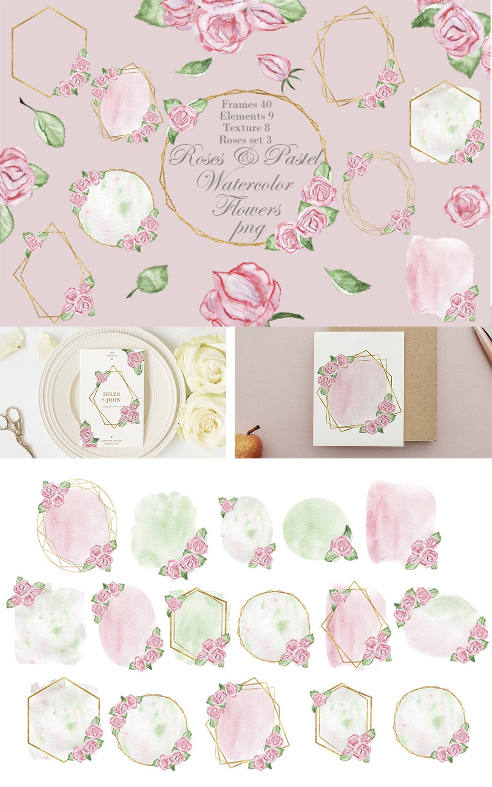 Pastel, Watercolor gold floral frame, Sublimation, Wedding,