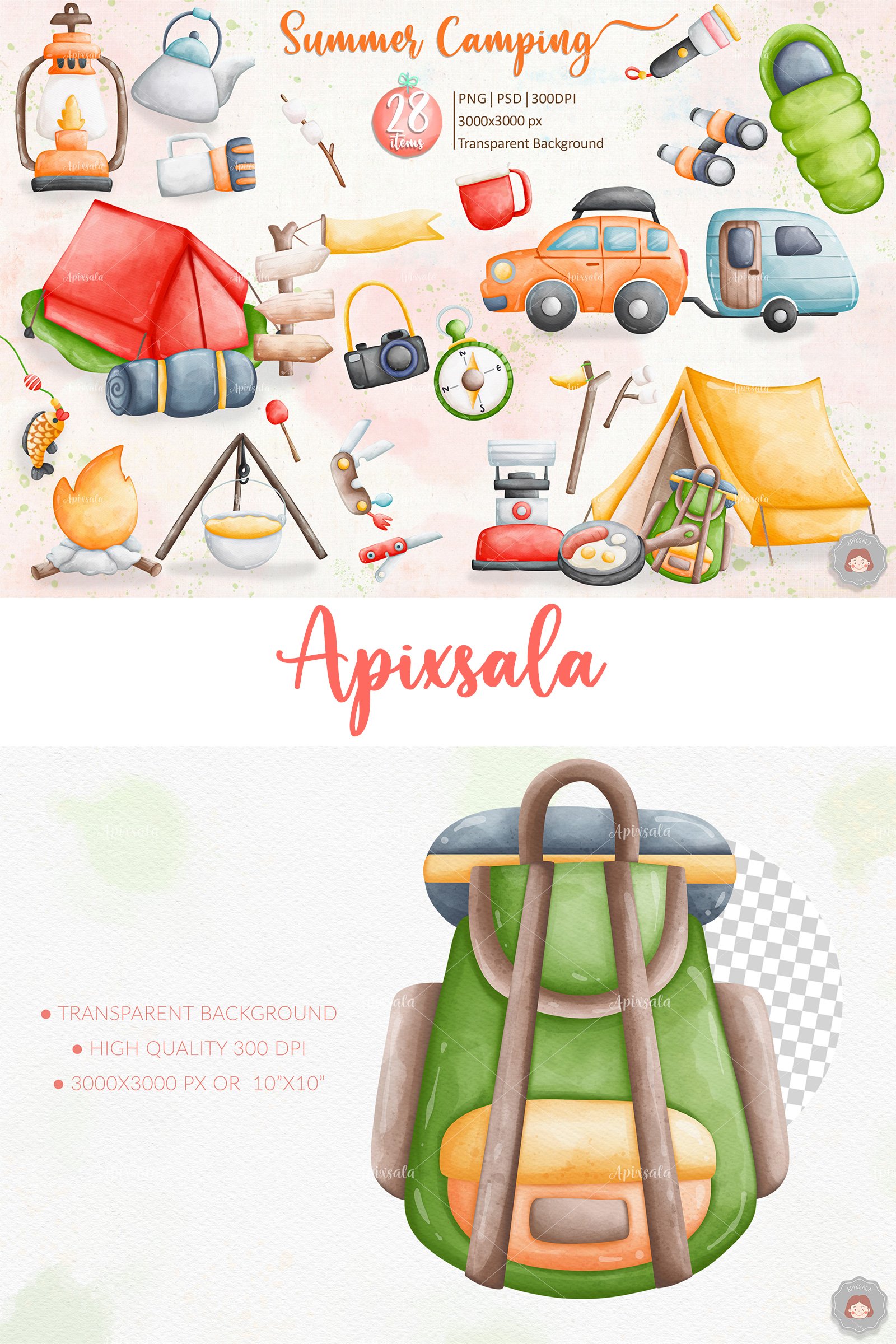 Watercolor Summer Camping Travel Clipart Sublimation Bundle