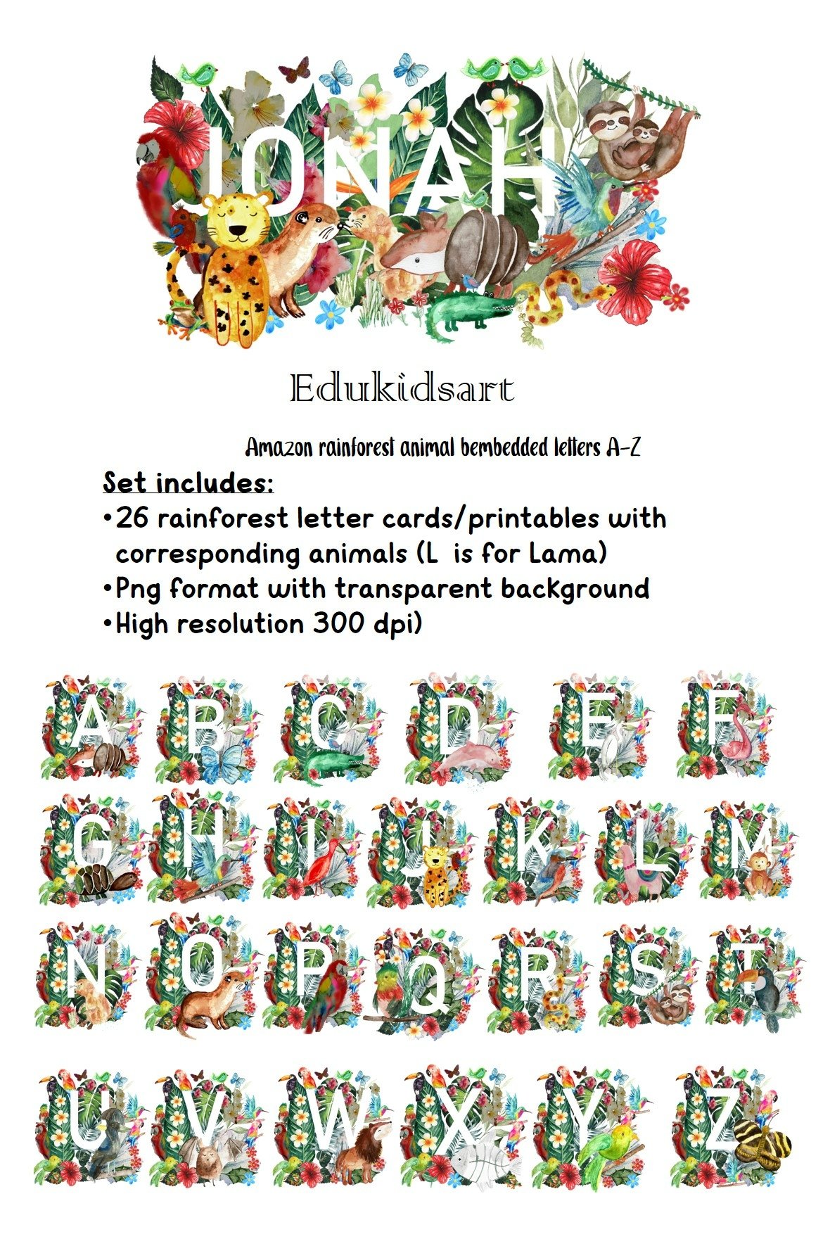 rainforest animals embedded letters alphabet clipart