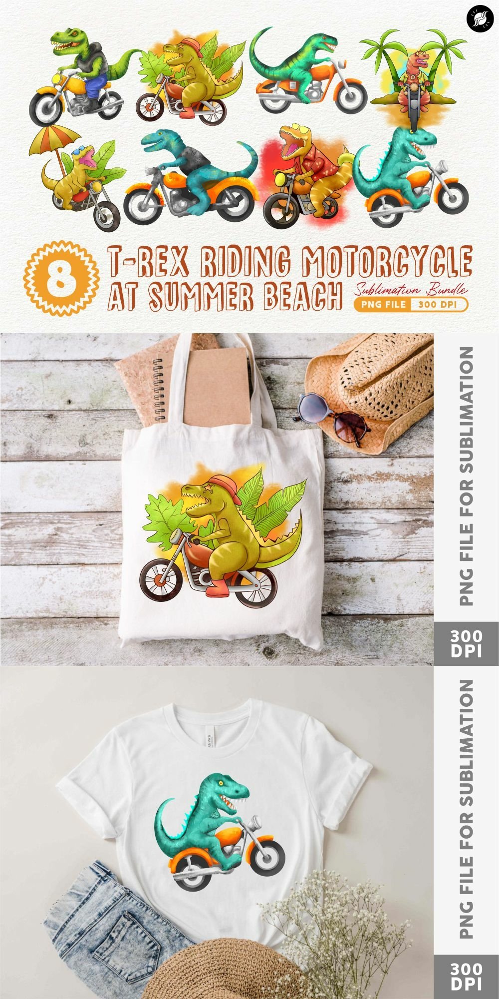T-rex Riding Motorcycle at Summer Beach PNG Sublimation
