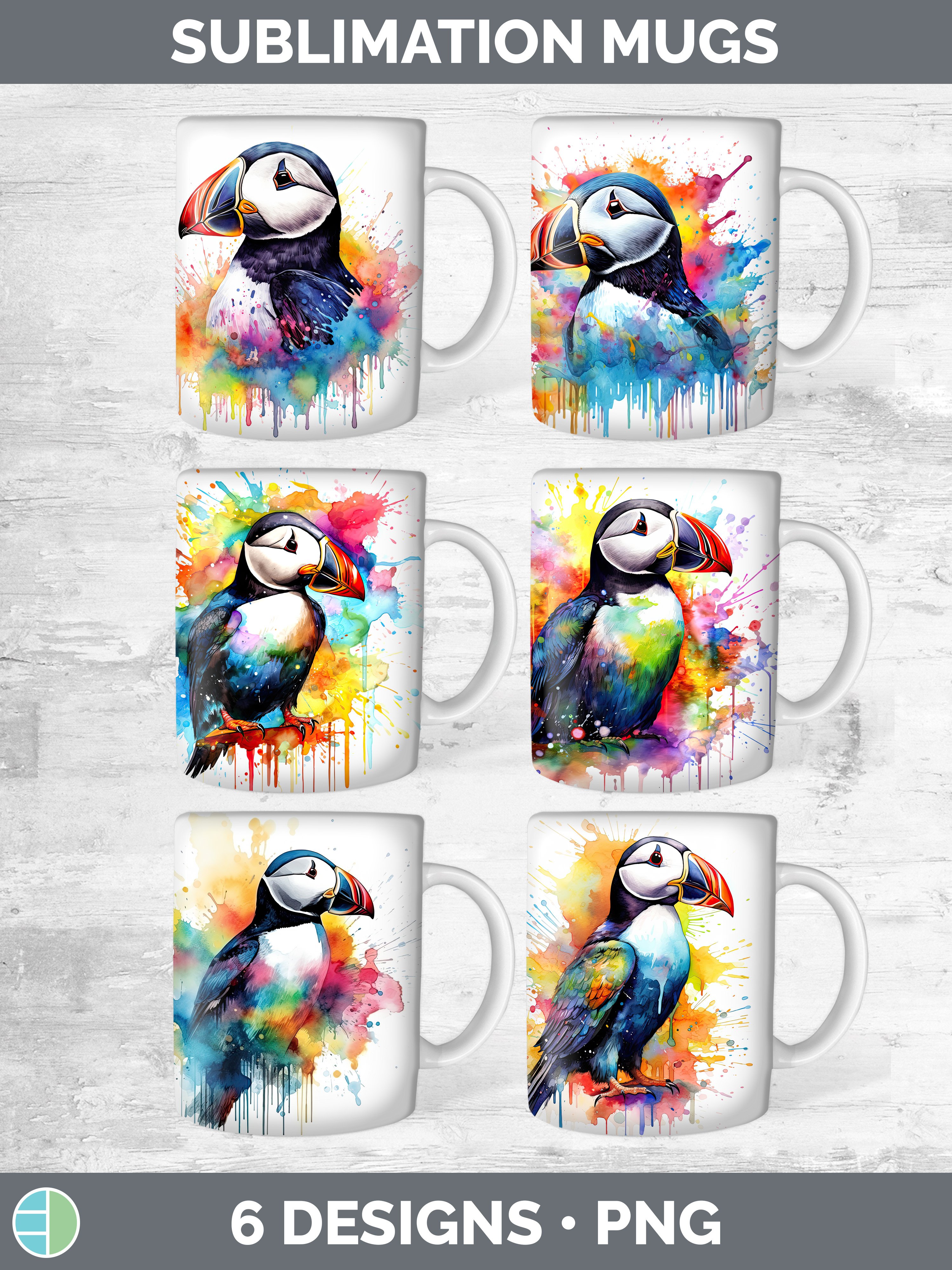 Rainbow Puffin Bird Mug Wrap | Sublimation Coffee Cup Design
