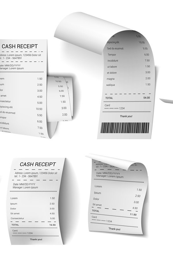 Realistic bills. Shopping purchase bill, retail payment