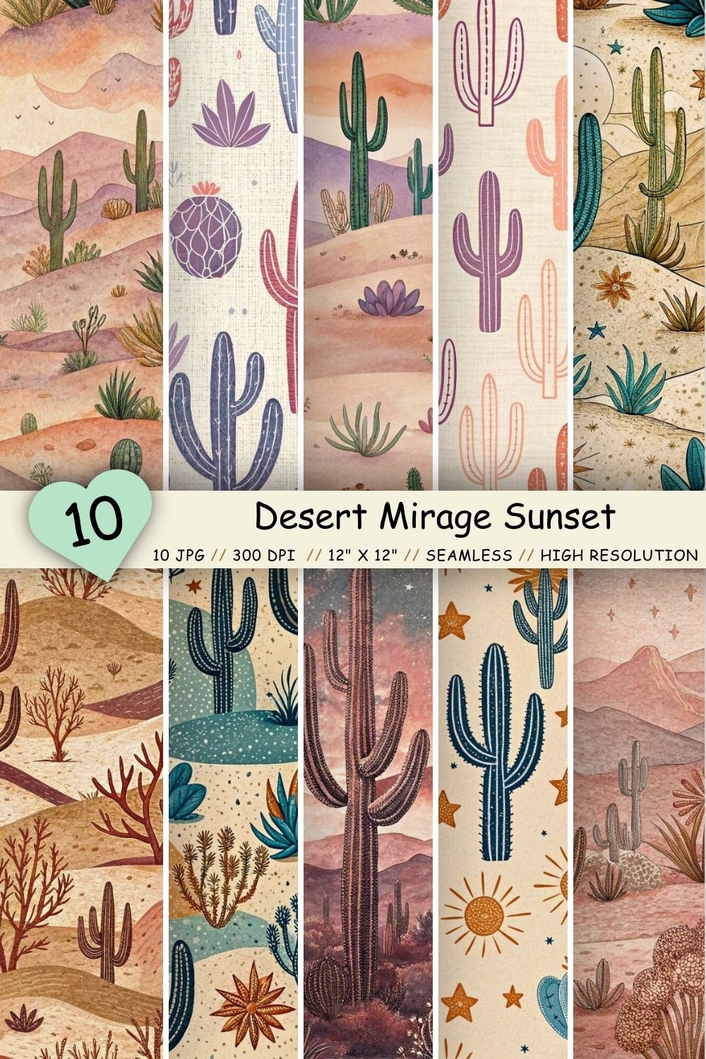 Desert Mirage Sunset Seamless Pattern – Floating Cacti