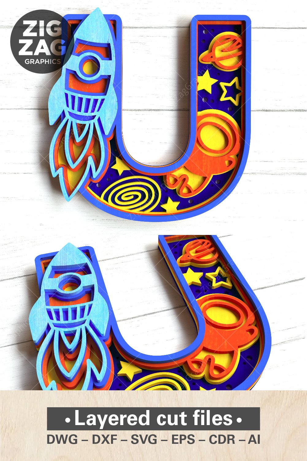 layered kids letter U with space rocket astronaut and stars