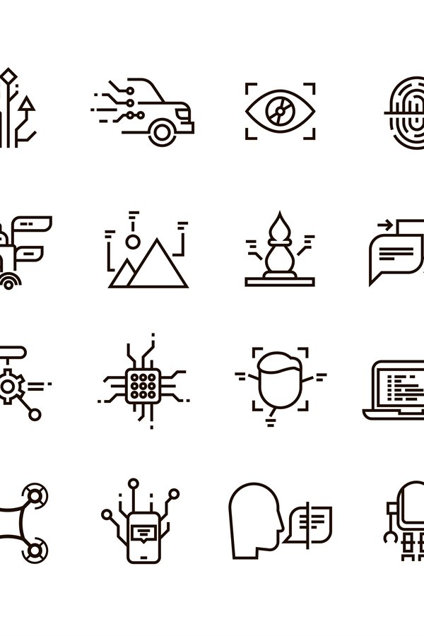 Neural network, artificial intelligence line vector icons. F