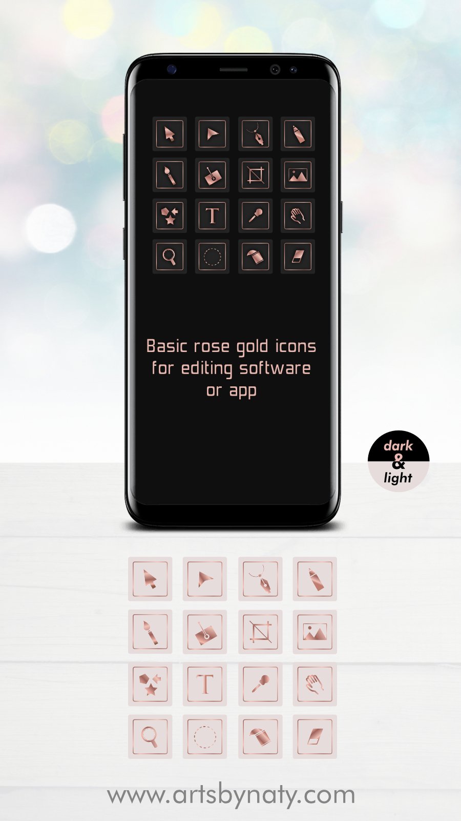 Basic rose gold icons for editing software or app.